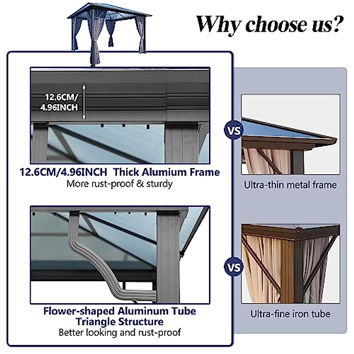 GARTOO 10'x10' Hardtop Gazebo, Outdoor Gazebo with Translucent Roof, Polycarbonate Top Aluminum Frame Garden Tent with Breathable Mesh and Privacy Curtains for Patio Lawn Garden Backyard, Gray