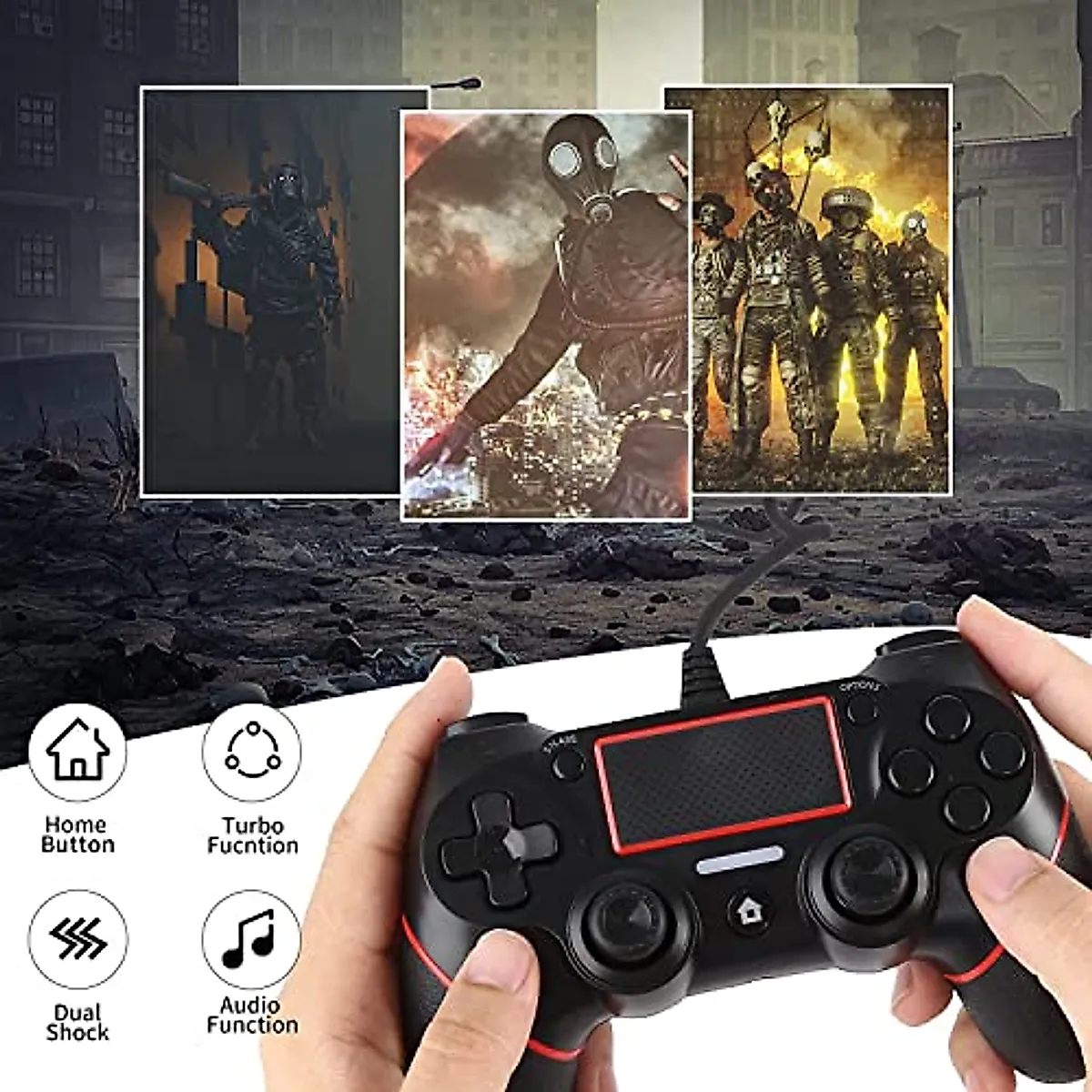 Wintek Inone PS-4 Wired Controller for PS-4/Pro/Slim/PC/Laptop, USB Plug Gamepad Joystick with Dual Vibration and Anti-Slip Grip, Professional USB PS-4 Wired Gamepad（Black & Red）
