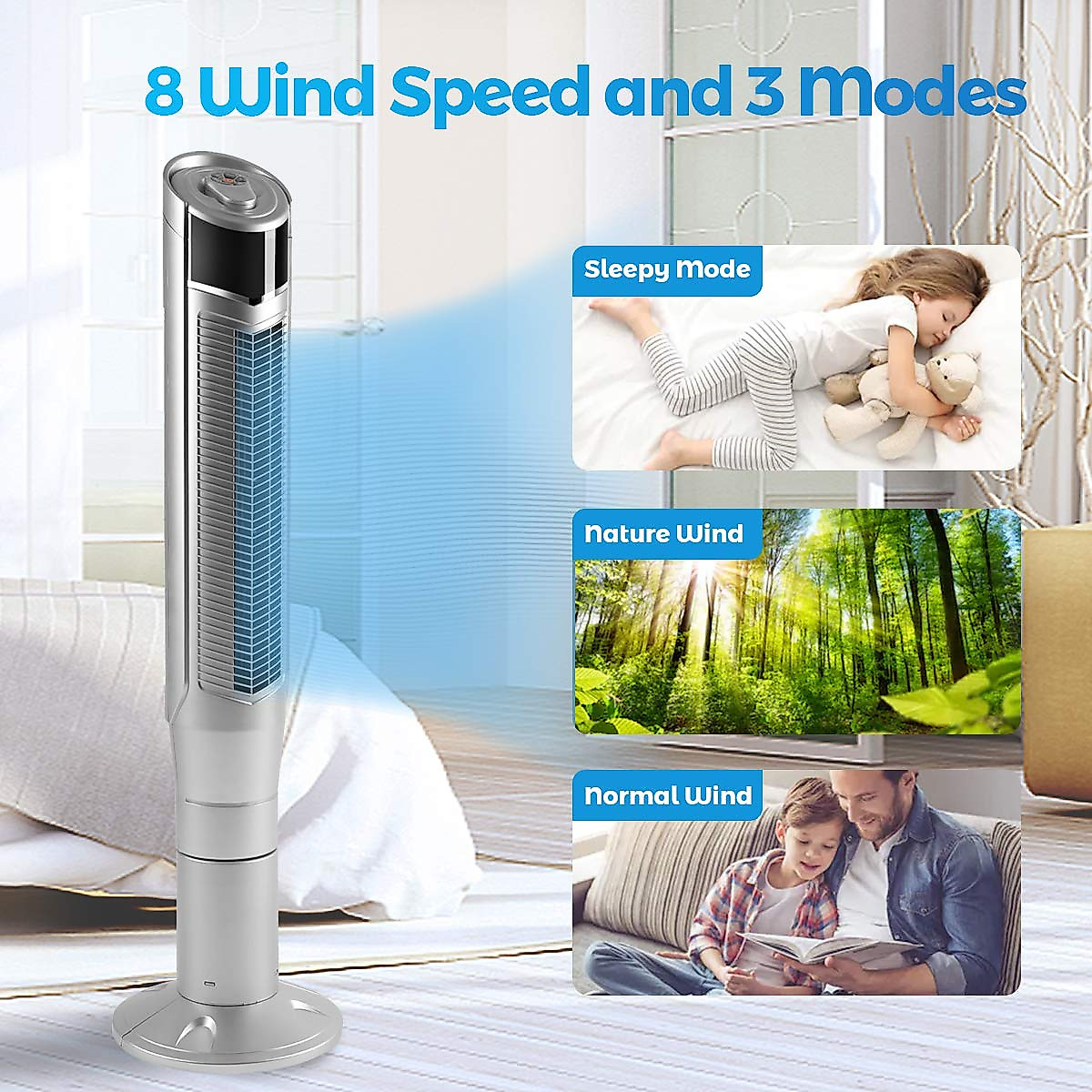 R.W.FLAME Tower Fan, 360° Oscillating Standing Fan Room Fan Portable Bladeless Quiet Floor Fan with Remote, 8 Speeds, 3 Modes, 24H Timer for Bedroom and Home Office Use (47-inch, SILVER)