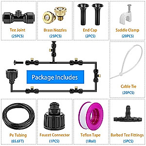 Petutu Misting Cooling System 65.6ft(20M) Misting Line + 25 Brass Mist Nozzles + a Faucet Connector (3/4") Fan Misting Kit Outdoor Mister for Patio Garden Greenhouse Trampoline for waterpark