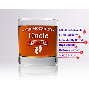 CARVELITA Promoted To Uncle Est 2023 - Uncle Whiskey Glass - 11oz Old Fashioned Bourbon Rocks Glass - Uncle Pregnancy Announcement - Gifts For First Time Uncle - Baby Reveal Gift For Brother