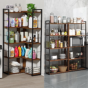 RKVPCNE 5 Tier L Shaped Bookshelf Wood Bookcase with 2 Hooks Modern Corner Bookshelf Library Industrial Shelving Book Case Adjustable Book Shelves for Bedroom Living Room Home Office Rustic Brown