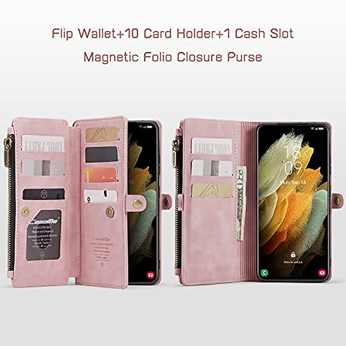 Defencase Galaxy S21 Ultra Wallet Case, PU Leather Magnetic Flip with Lanyard, Zipper Card Holder, Rose Pink