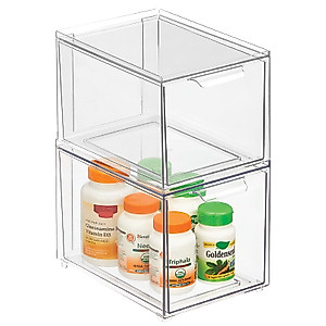 mDesign Plastic Stackable Bathroom Storage with Pull Out Bin Organizer Drawer for Cabinet, Vanity, Shelf, Cupboard, Cabinet, or Closet Organization - Lumiere Collection - 2 Pack - Clear