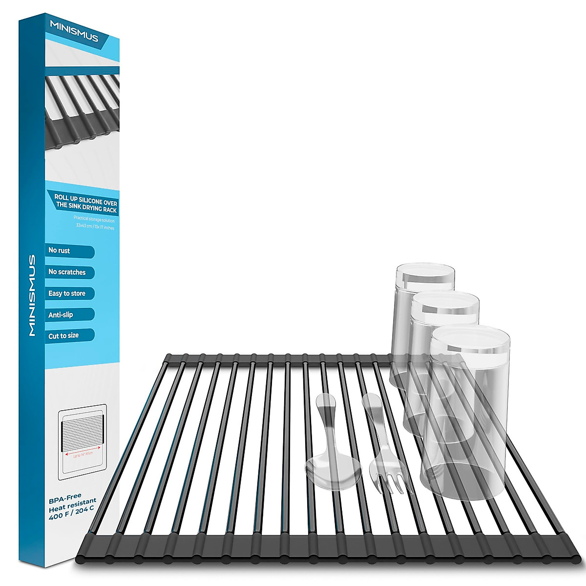 Minismus Foldable Dish Drying Rack Kitchen 13x17 Inches - Sink Drying Rack Roll Up Black - Heat Resistand & Dishwasher Safe - Roll Up Dish Drying Rack Over Sink