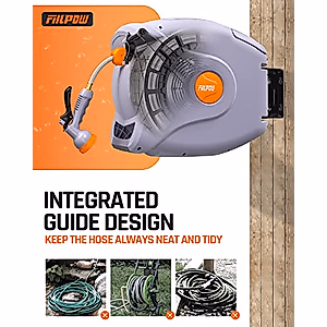 FIILPOW 1/2 Inch 100 FT Retractable Garden Hose Reel, Slow & Safe Return System, Water Hose Reel with Brass Connector, Double Lock Design, 8 Patterns Nozzle, 180° Swivel for Garden Watering