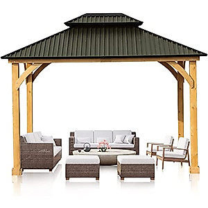 Aoodor Patio Solid Wooden Gazebo 10 x 12 ft. Hardtop Roof 2 - Tier for Garden, Green and Black