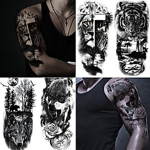 72 Sheets Half Sleeve Temporary Tattoos for Men Women Adults, Tiger Wolf Flower Skull Realistic Temporary Tattoo Stickers for Halloween, Black 3D Rose Animals Fake Tattoos