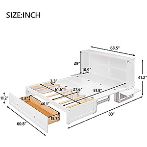 DNYN Queen Size Mobile Murphy Bed with Storage Drawer, Wood Bedframe w/Little Shelves on Each Side, Can Convert to Cabinet for Guest Room Home Office, White