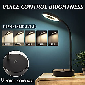 Chener Smart Voice Control Desk Lamp, Hand Free No Networking Required, Warm/Day/Cool White 3 Lighting 5 Brightness USB+AC Dimmable Desk Light, Eyes Care Flexible Gooseneck Table Lamp Night Light