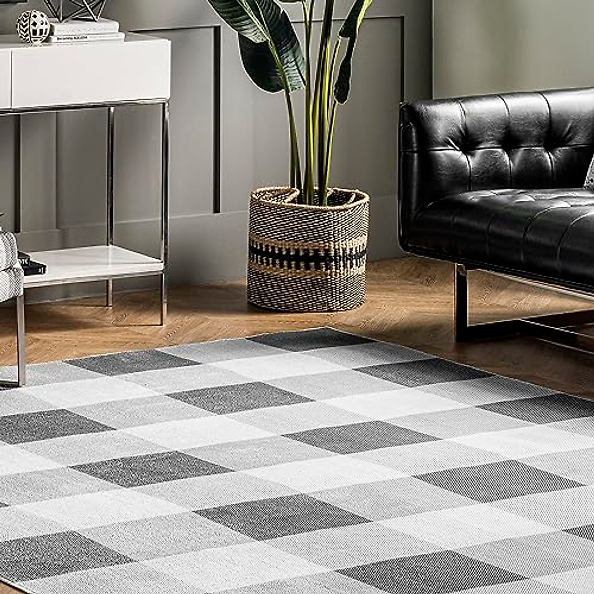 nuLOOM Lucy Machine Washable Farmhouse Buffalo Plaid Ultra Thin Area Rug, 3' x 5', Grey