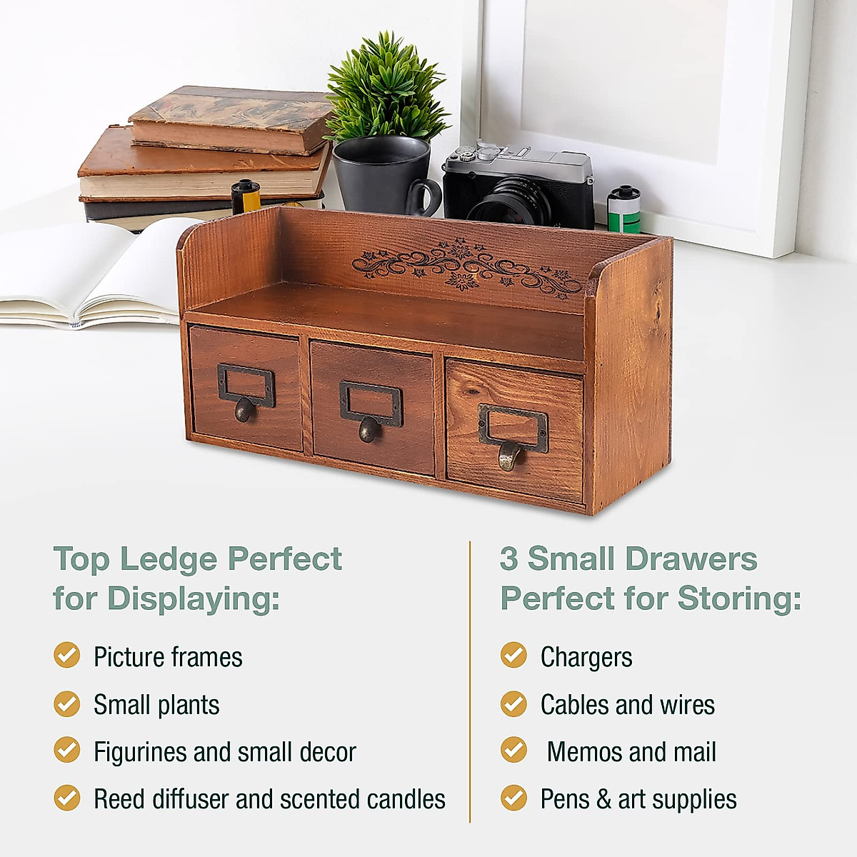 Vintage Farmhouse Wooden Desktop Cabinet with 3 Drawers - Mahogany Wood ...