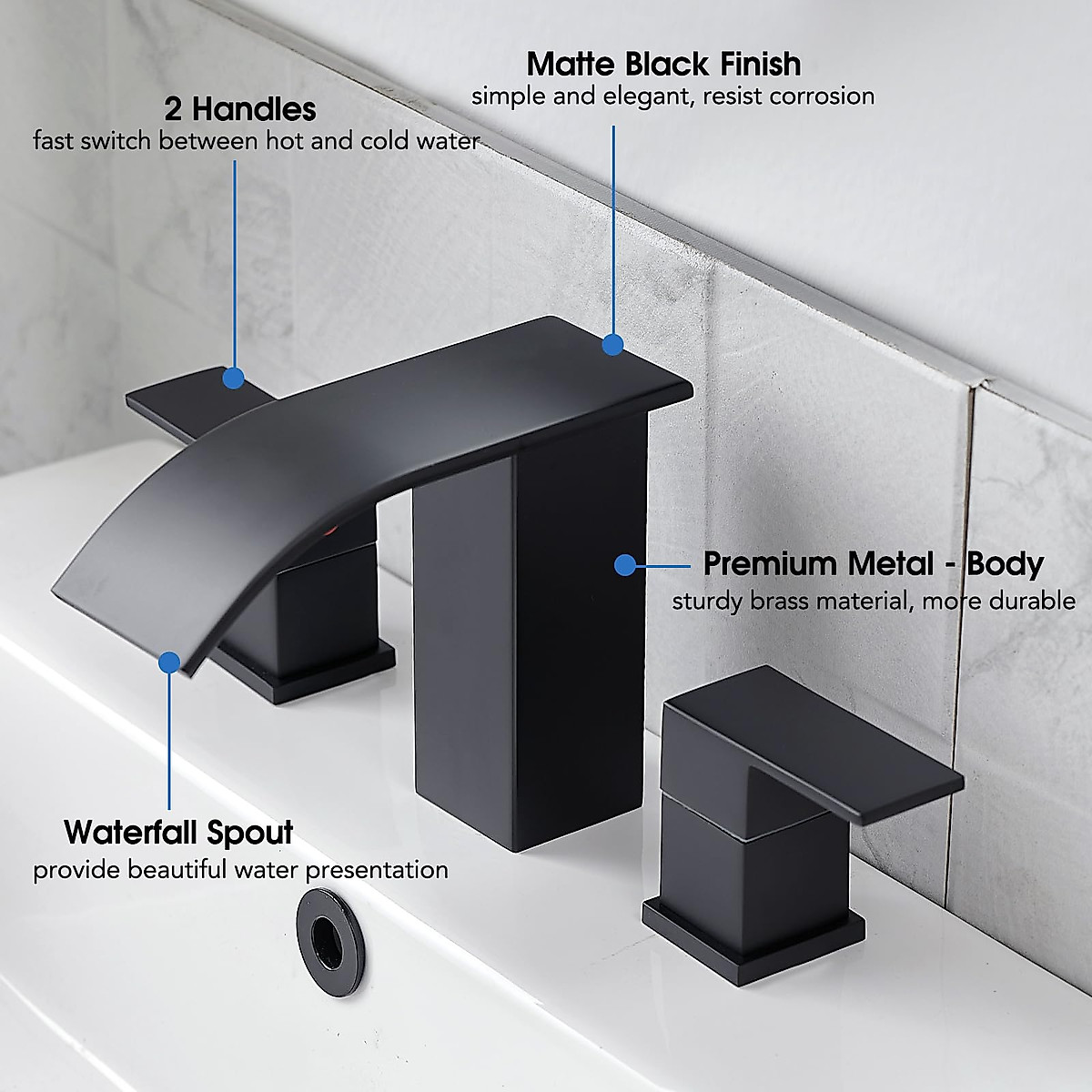 RUMOSE 8 inch Bathroom Faucets Set Matte Black Bathroom Sink Faucet 3 Hole Widespread 2 Handles Brass Lavatory Vanity Faucet Waterfall Spout Bathroom Faucet Deck Mounted
