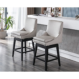 Kmax PU Leather Counter Height Bar Stools Swivel Modern Bar Stools with Wood Legs Footrest for Dining Room Kitchen Island, Set of 2- Beige