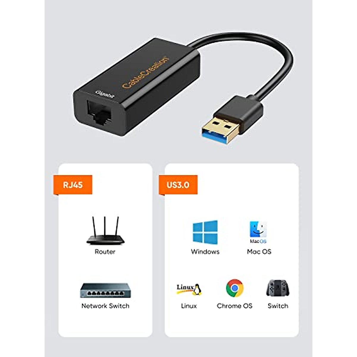 USB to Ethernet Adapter, CableCreation USB 3.0 to 10/100/1000 Gigabit Wired LAN Network Adapter Compatible with Nintendo Switch, Windows, MacBook, macOS, Mac Pro Mini, Surface Pro, Laptop, PC and More