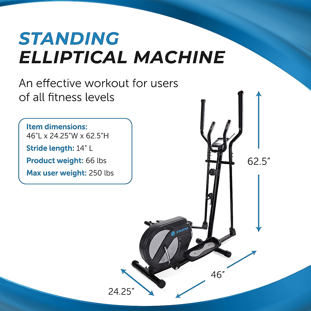 Stamina Elliptical Trainer 1704 - Elliptical Training Machine with Smart Workout App - Compact Standing Elliptical Machine for Home Workout - Up to 250 lbs Weight Capacity