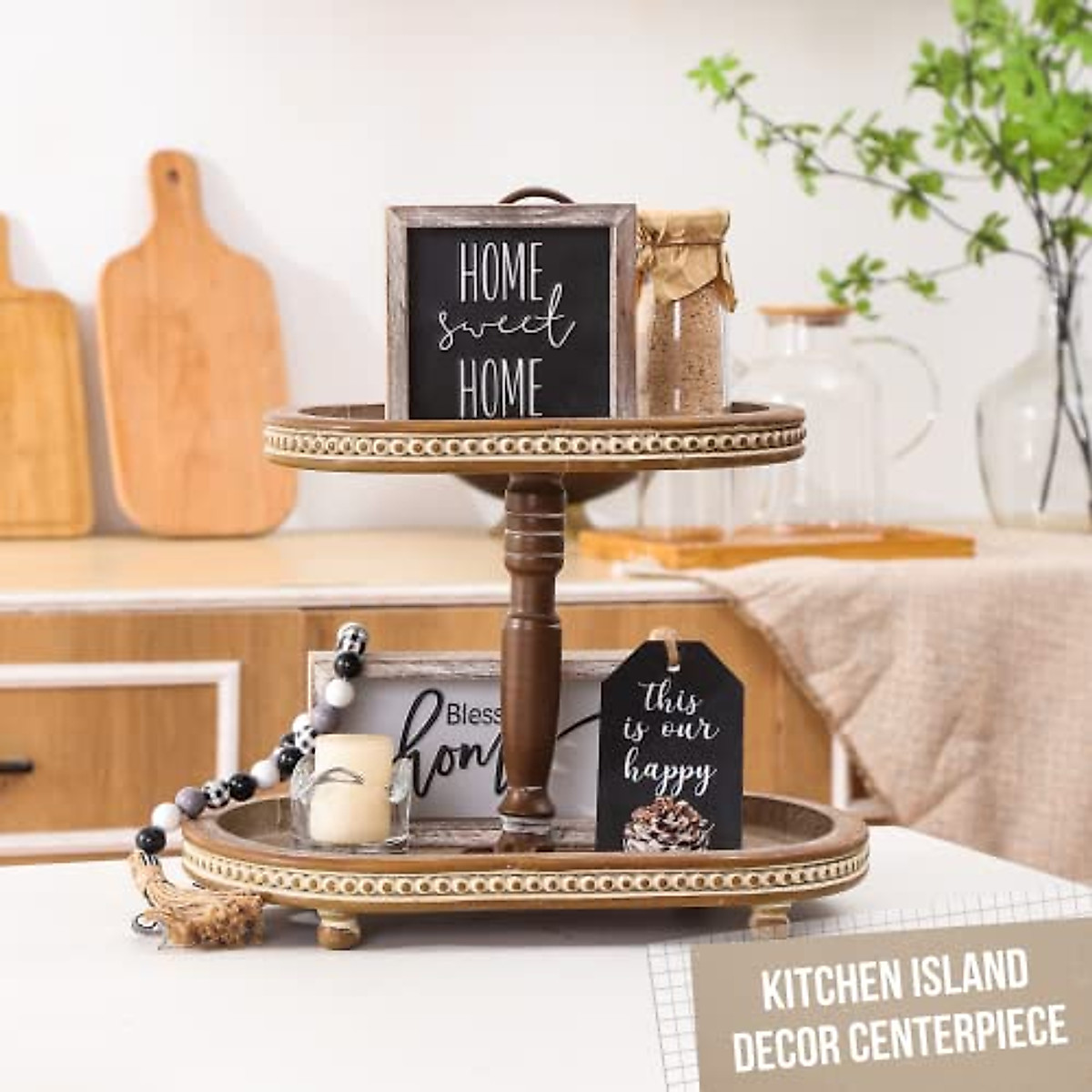 FESTWIND Oval Tiered Tray, Beaded Rustic Tiered Tray, Two Tiered Tray Stand for Kitchen Counter, Farmhouse Decorative Trays for Home Decor Distressed Brown