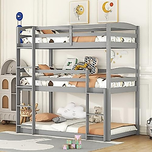 BOVZA Twin Over Twin Over Twin Bunk Bed, Wooden Triple Bunk Bed with Guardrails and Ladders, for Kids and Teens, Gray