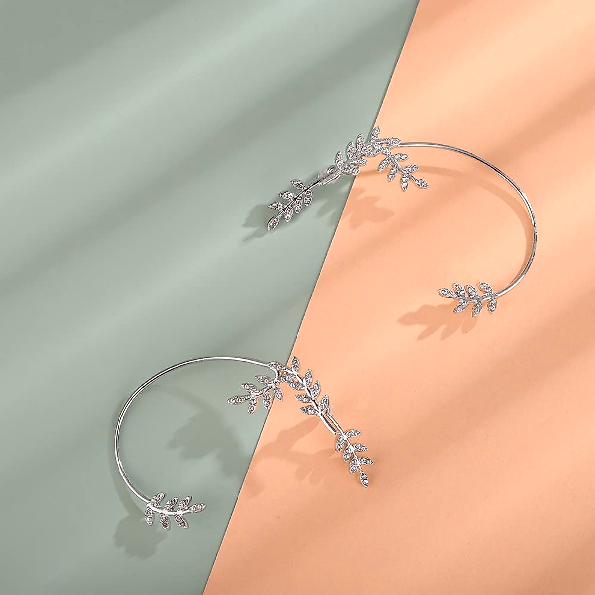 Jumwrit Rhinestone Ear Cuffs Leaf Ear Jacket Climber Crawler Earrings Ear Wrap Earrings Cute Hypoallergenic Stud Earrings for Women Girls（Silver）