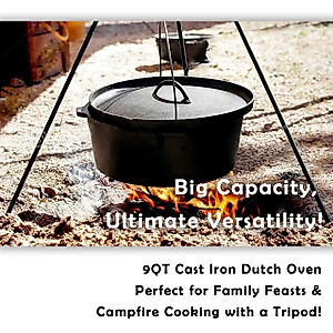 Cuisiland 9 Quart Cast Iron Dutch Oven with Lip Lid & 3 legs – Pre-Seasoned Camping Pot for Outdoor Cooking, Roasting, and Baking – Heavy-Duty Campfire Cookware with Even Heat Distribution
