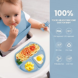 Vivalada Silicone Baby Feeding Set, 12PCS Baby Led Weaning Supplies, Baby Suction Plate with Lid and Bowl Set, Baby Self Feeding Spoons Forks Sippy Cup and Bib, Baby Eating Set 6+ Months (Blue)