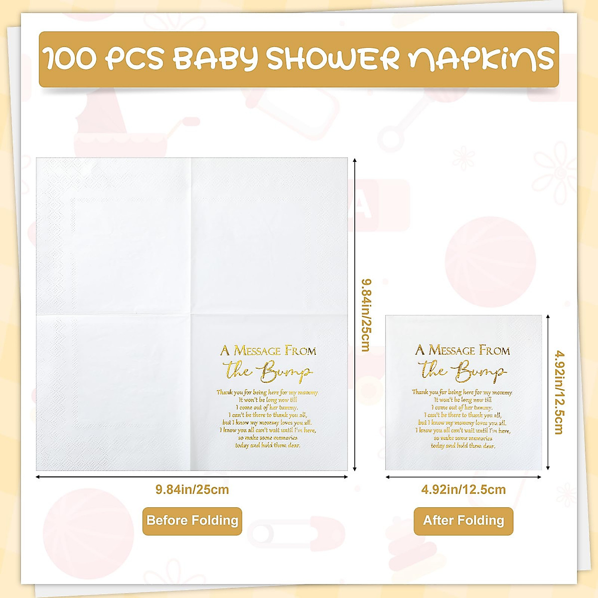 Colarr 100 Pcs Small Baby Shower Napkins 3 Ply Cocktail Napkins for Baby Shower 5 x 5 Inch A Message from the Bump Disposable Gender Reveal Napkins with Gold Foil for Baby Welcome Party(White)