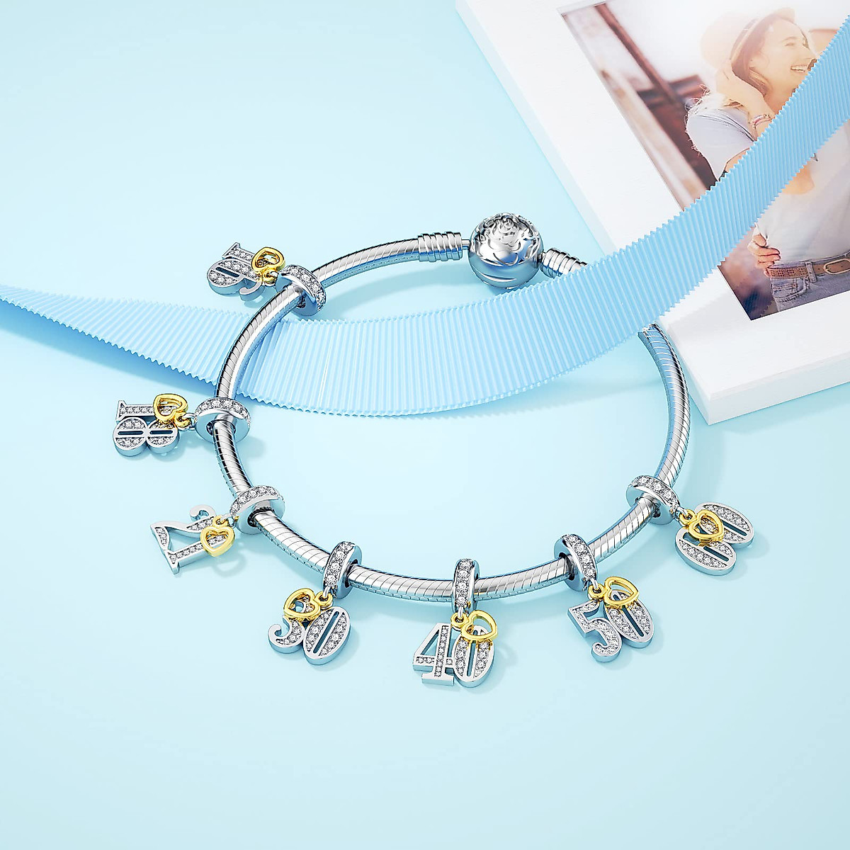 JIAYIQI 50th Birthday Charm for Pandora Charm Bracelets,Happy Birthday Charms for Bracelet and Necklace,925 Sterling Silver Bead Openwork Charms for Women Birthday Christmas Jewelry