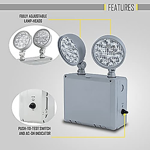 Compass CU2WG Emergency Lights for Power Failure with 2 Adjustable LED Lamp Heads, 90-Minute Run Time, Commercial Grade UL924 Wet Location Remote Capable, 120-277V, Grey