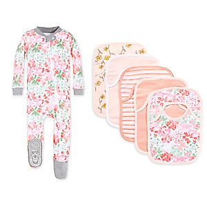 Burt's Bees Baby baby girls Zip-up Footed Sleeper Pj & Set of Bibs Bundle, 100% Organic Cotton Gifting, Succulents, 12 Months US