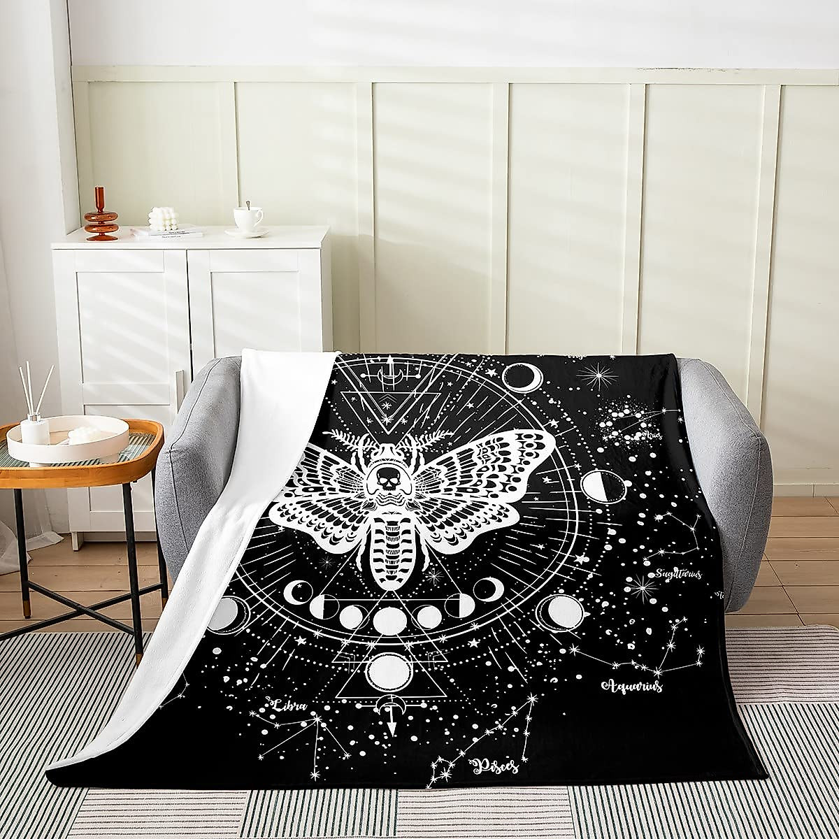 Erosebridal Gothic Moth Throw Blanket Throw 50x60,Boho Black White Sun and Moon Fleece Blanket for Kids Boys Girls,Halloween Sugar Skull Bed Blanket,Galaxy Starry Sky Fuzzy Blanket Living Room Decor