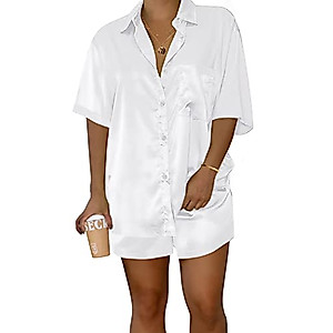 Ekouaer Silk Pajama Set Women's Pjs Satin Shirt and Shorts Two Piece Outfits Button Up Lounge Shorts Set White,Medium