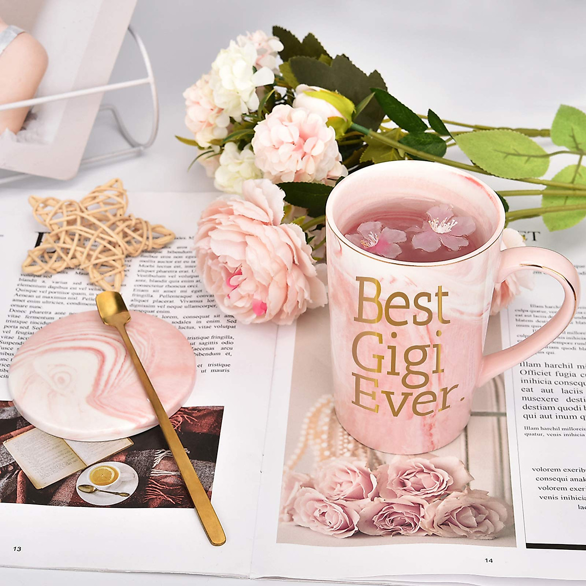 Mugs for Grandma Best Gigi Ever Coffee Mug from Grandson Granddaughter Mother’s Day Grandmother Birthday Gift from Grandchildren Marble Mugs Pink 14 Oz with Box Gift Spoon and Coaster, Cupcake Socks
