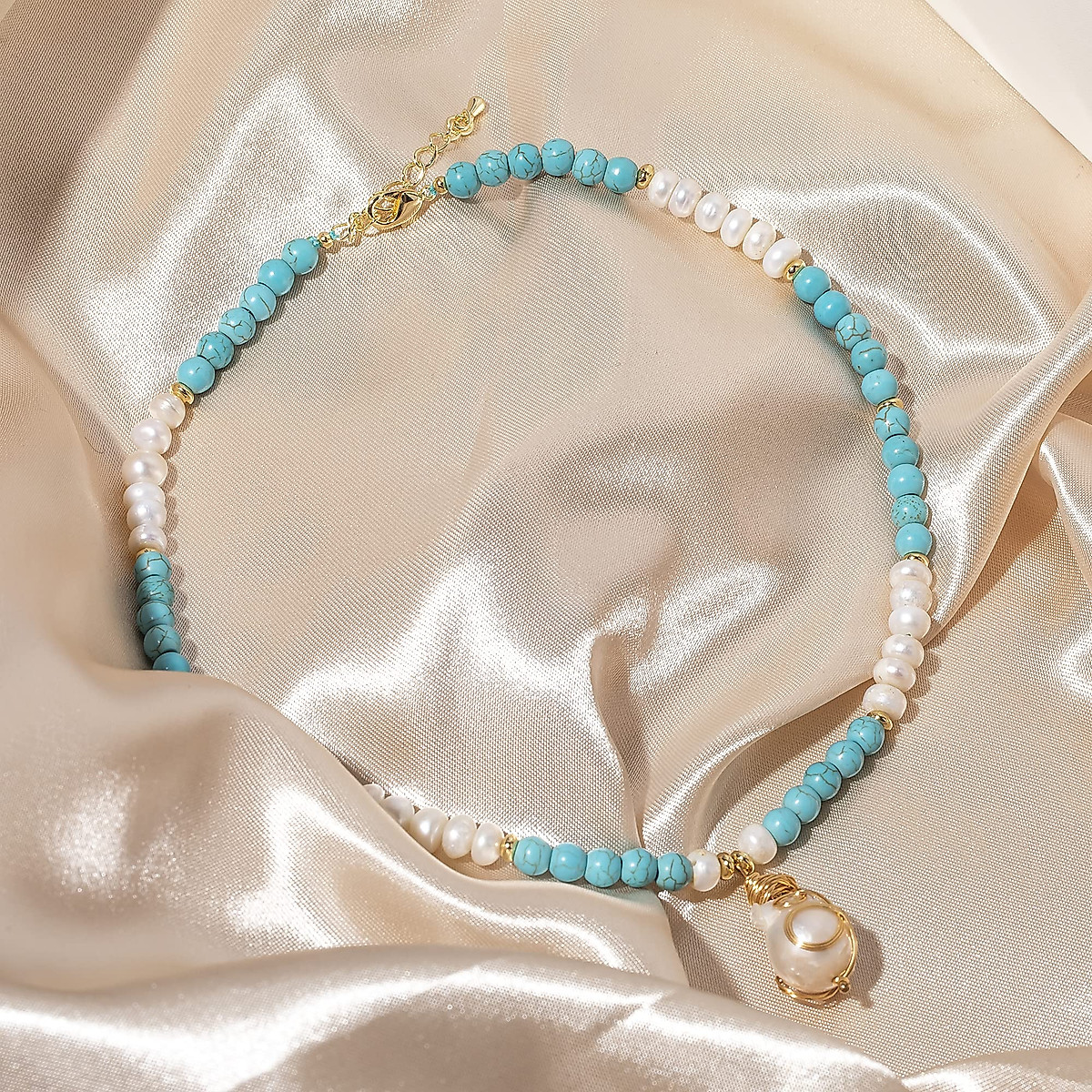 Cowlyn Baroque Pearl Pendant Necklace Turquoise Chain 18K Gold Plated Wire Winding Handmade Bohemian Style Adjustable Charm Fashion Valentine Jewelry for Women Mom