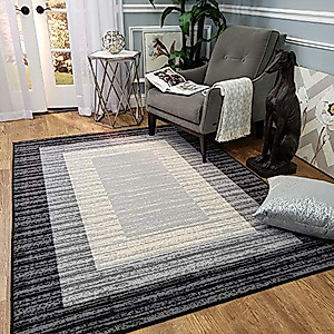 Rubber Backed Area Rug, 39 x 58 inch, Grey Border Striped, Non Slip, Kitchen Rugs and Mats