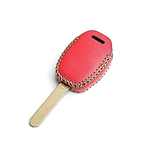WFMJ Leather for Honda Fit Odyssey Ridgeline Accord CR-V CR-Z Insight 3 Buttons Key Case Cover Fob Chain (Red)