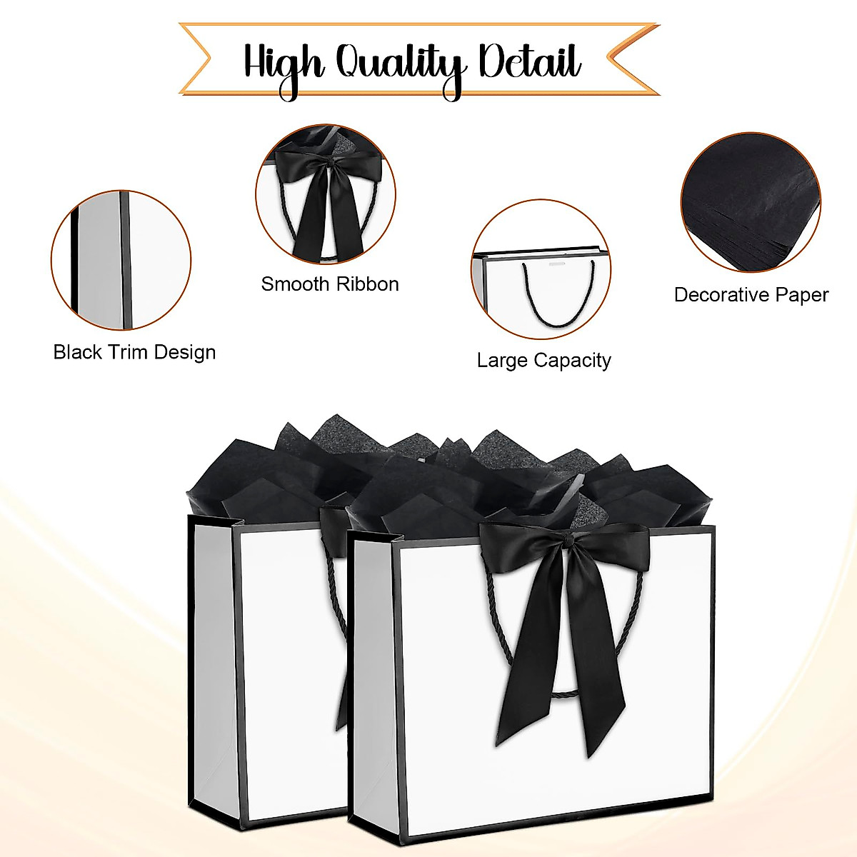 12 pcs White Gift Bags with Handles 12.5x4.5x10 Inches Large Paper Bags with Bow Ribbon and Tissue Paper Gift Wrap Bags for Birthday Bridesmaid Party Wedding Baby Shower Valentines, White-Black