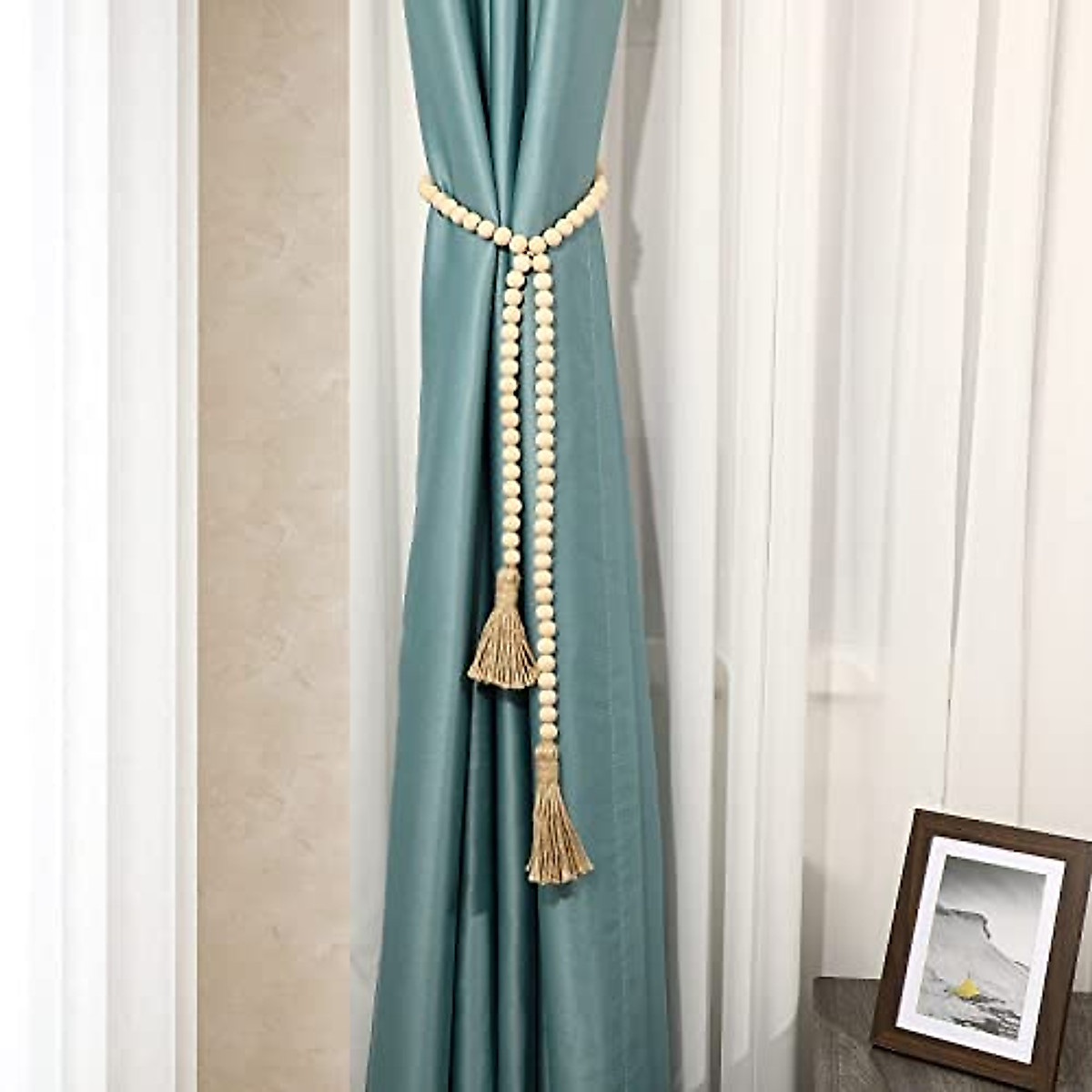 Wooden Beads Garland Farmhouse Decor: 58in Boho Rustic Wood Prayer Beaded with Tassel Natural Modern Large Decorative Home Neutral Bead