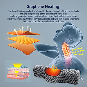 Neck Pillows for Pain Relief Sleeping, Heated Memory Foam Cervical Neck Pillow with USB Graphene Heating and Magnetic for Stiff Neck Pain Relief, Neck Support Pillow Bolster Pillow for Bed (Grey)