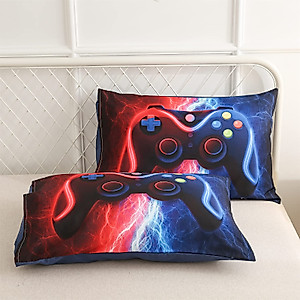 Meeting Story Gamer Gaming Bedding Sets Tie Dye Lightnings Gamepad Comforter Set for Boys Games Console Action Buttons Novelty Colorful Modern Room Decor Home Quilt Set (Twin, Red-Blue)