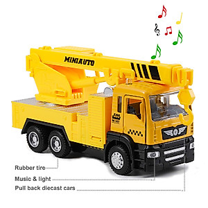 Toy Crane Truck Diecast Metal Cars Construction Truck wiht Light and Sound Pull Back Vehicles Toy Trucks for Boys Age3,4,5,6 (1PC) (Crane Truck)