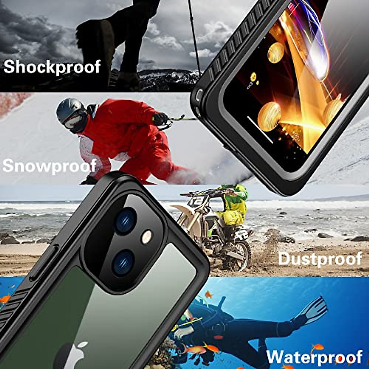 Pakuya Waterproof iPhone 13 Mini Case - Shockproof with Built-in Screen Protector, Heavy Duty Protection, Clear Sound, Black/Clear