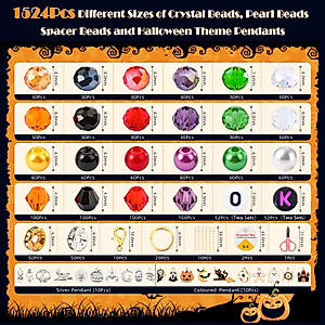 JADVY 1524 pcs Halloween Crystal Beads for Bracelets Making Kit, Pearl Beads + Glass Crystal Beads for Jewelry Making Kit with Pendants and Spacer Beads, Beads & Bead Assortments for Halloween Crafts