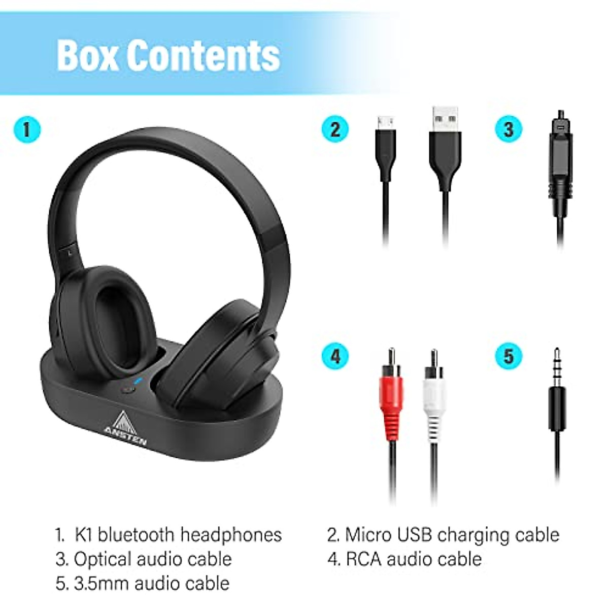 ANSTEN 【𝟐𝟎𝟐𝟑 𝐔𝐩𝐠𝐫𝐚𝐝𝐞𝐝】 Wireless Headphones for TV Watching with Digital Optical RCA AUX Bluetooth Transmitter Charging Dock, Over Ear Headset for Seniors, 30 Hrs Playtime, Plug n Play