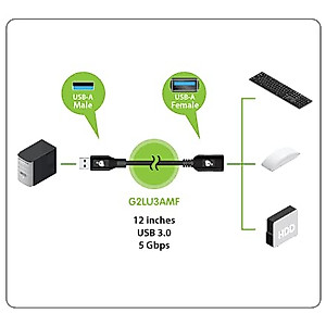 IOGEAR USB 3.0 Extension Cable Male to Female 12-Inch, G2LU3AMF