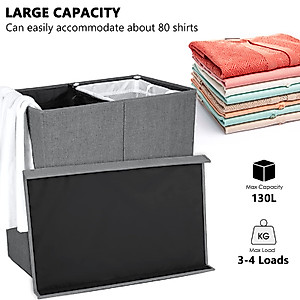 MaxGear Double Laundry Hamper with Lid and 2 Removable Bags, 130L Divided Laundry Basket Laundry Sorter 2 Section & Dual Handles, Large Collapsible Dirty Clothes Basket for Bedroom, Laundry Room, Gray