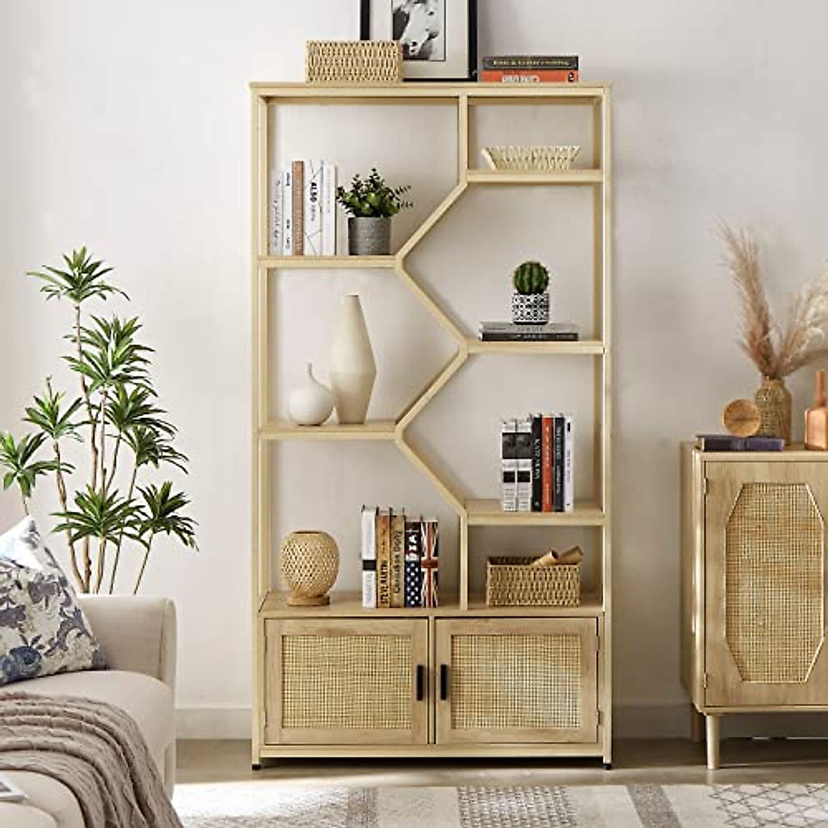 WAQINBR Rattan Book Shelf with Storage Rack, Bookcase Shelf with Doors, 6 Shelf Bookcase; Display Shelves for Living Room Home Office, Featured Natural Large Space Book Case