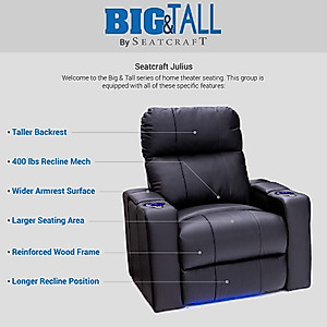Seatcraft Julius - Big & Tall - Home Theater Seating - Living Room - 400 lbs Capacity - Italian Leather - Power Recline - Powered Headrest - USB Charging,Cupholders,Arm Storage,Single Recliner,Black