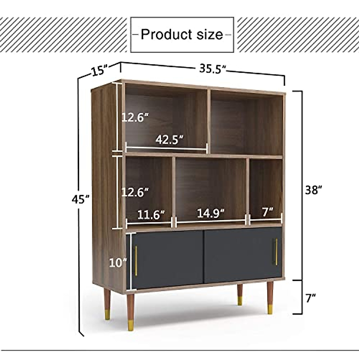 Cube Bookshelf 3 Tier Mid-Century Modern Bookcase with Doors & Legs, Retro Wood Storage Organizer Shelf, Free Standing Open Book Shelves Rustic Brown Display Bookcases for Bedroom, Living Room, Office