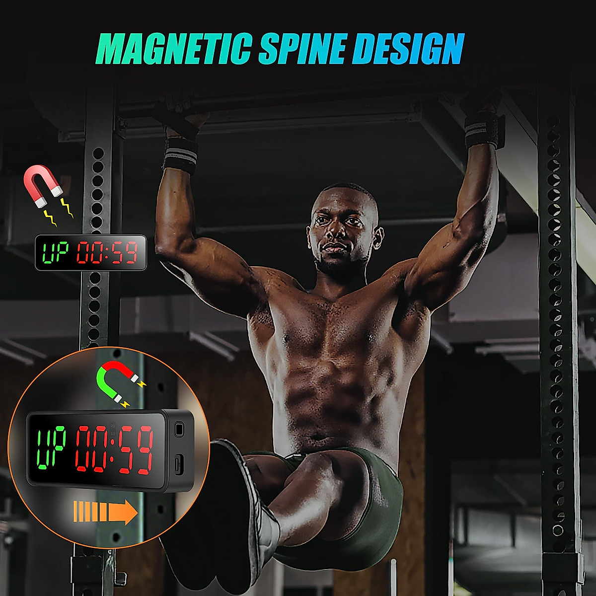 Portable Gym Workout Timer, Fitness Clock with The Rubber Case and Built-in Magnetic Spine, Large LED Digital Anti Vertigo Display, for Home Garage Schools (Black)