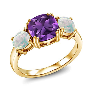 Gem Stone King 18K Yellow Gold Plated Silver Purple Amethyst and Simulated White Opal 3 Stone Engagement Ring For Women (3.10 Cttw, Gemstone February Birthstone, Cushion 8MM, Size 9)